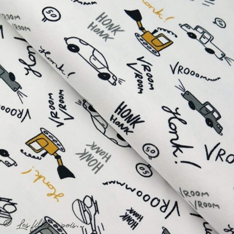 Tissu jersey motif voiture - Blanc, gris et ocre - Oeko-Tex ® - Stenzo Textiles ® Vente en ligne ...